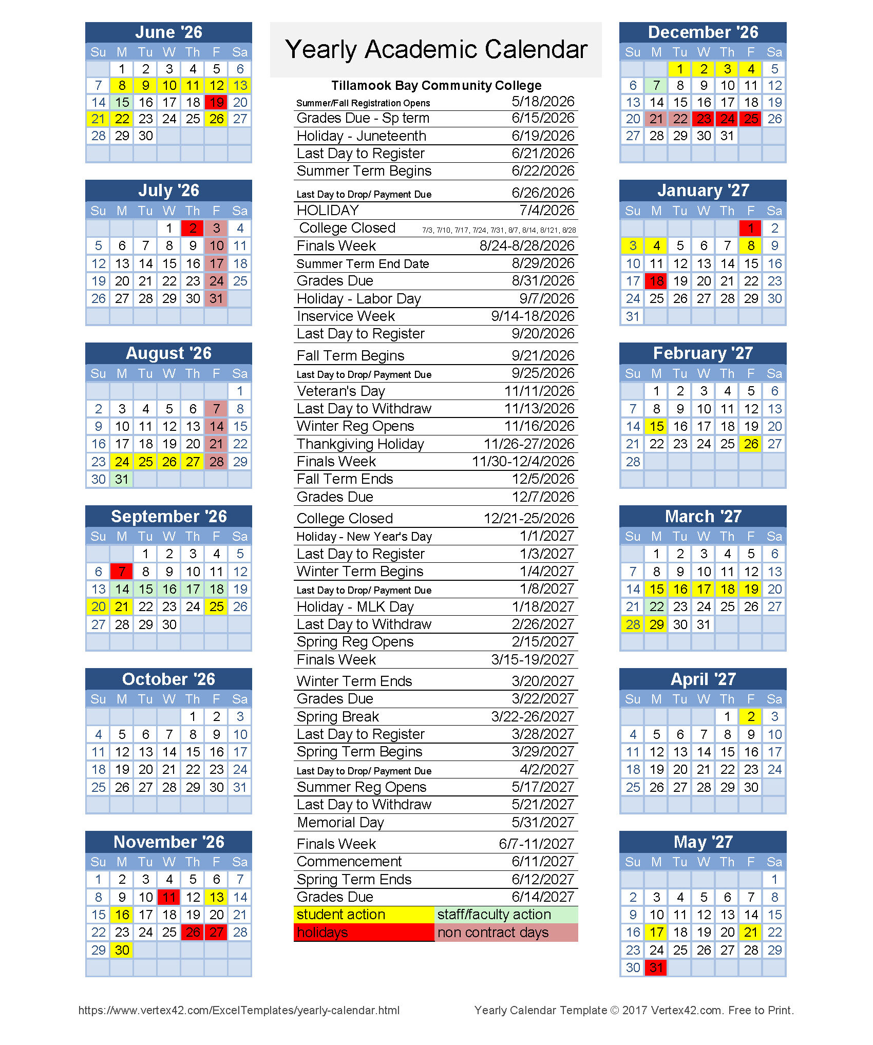 TBCC Academic Calendar